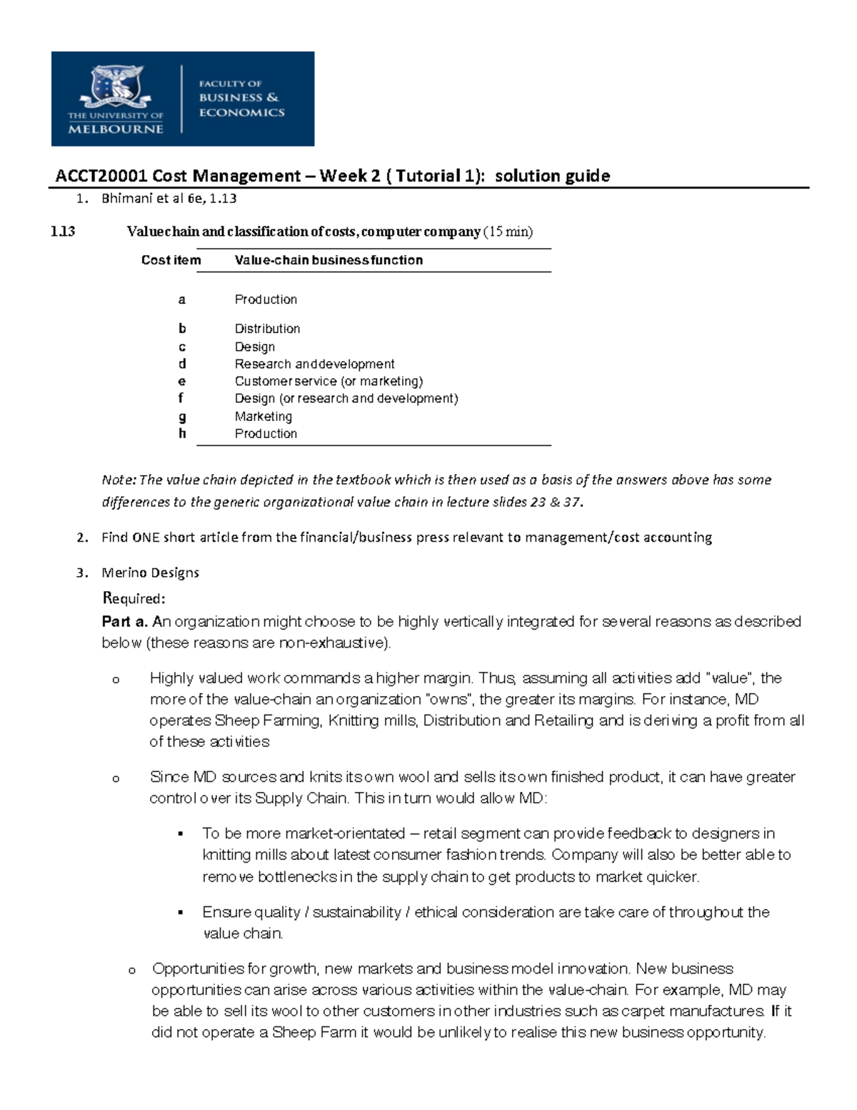 Solutions Week 2 Tutorial Semester 2 2022 - ACCT20001 Cost Management ...