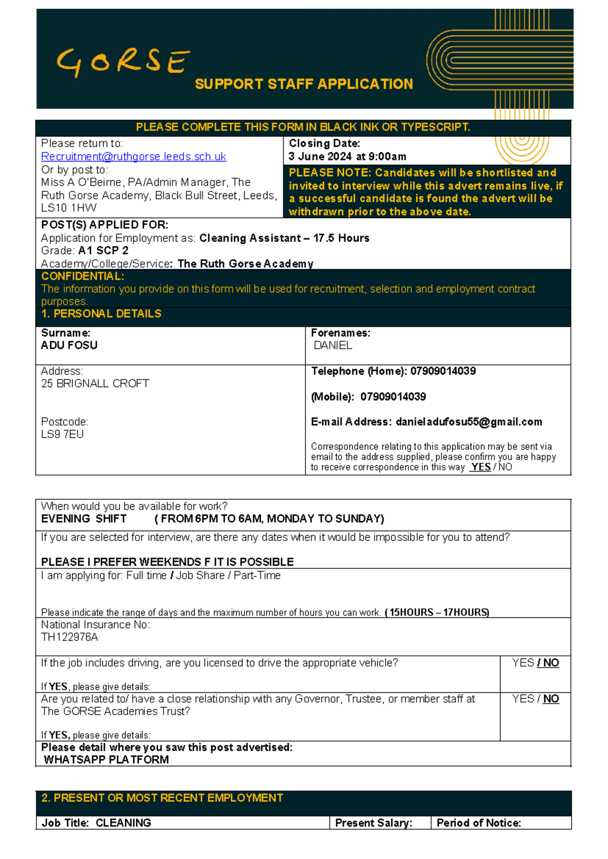 Cleaning Assistant Application form - SUPPORT STAFF APPLICATION PLEASE ...