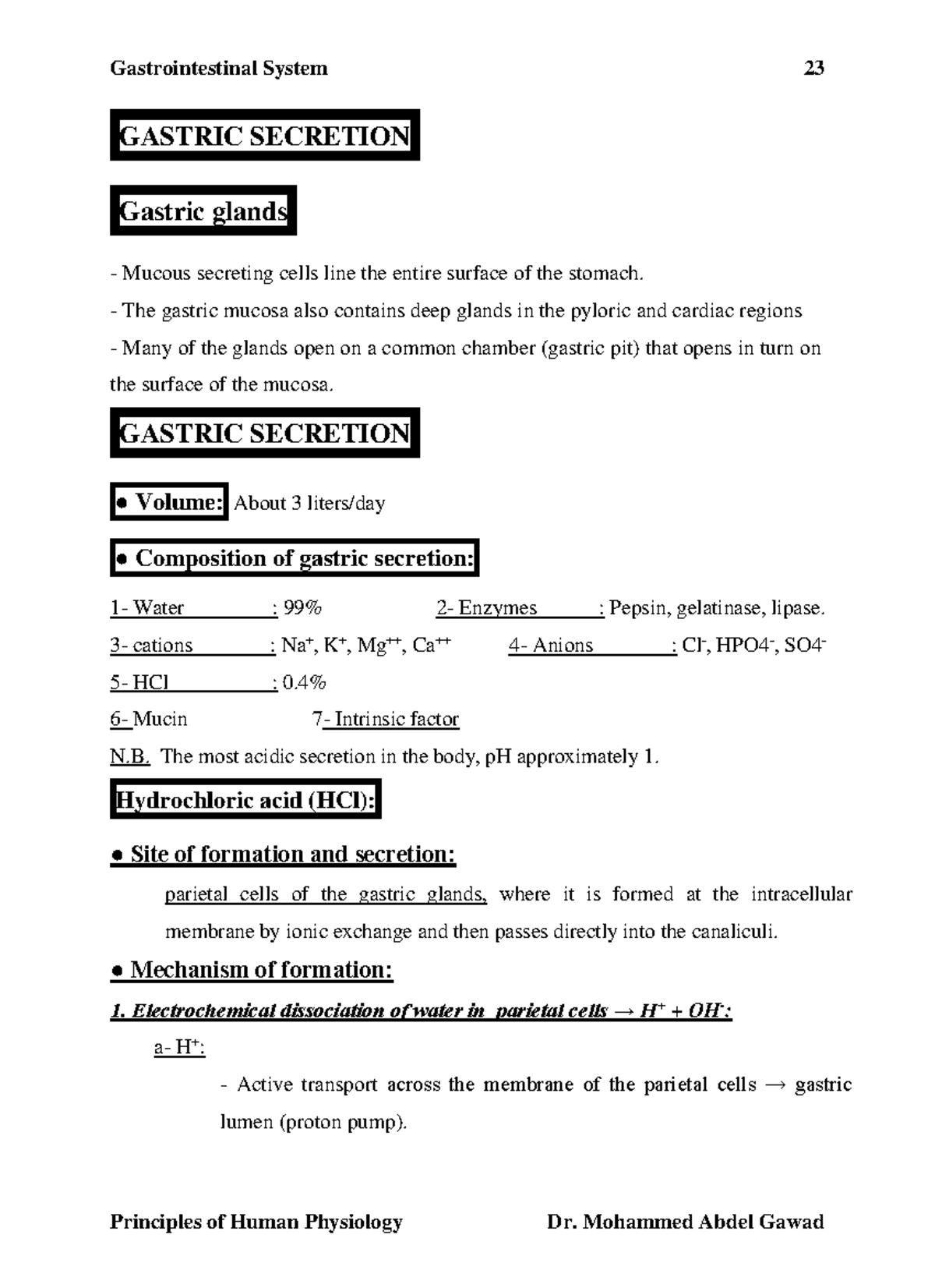 الورق الاصلي - physiology pathology - GASTRIC SECRETION Gastric glands Mucous secreting cells ...