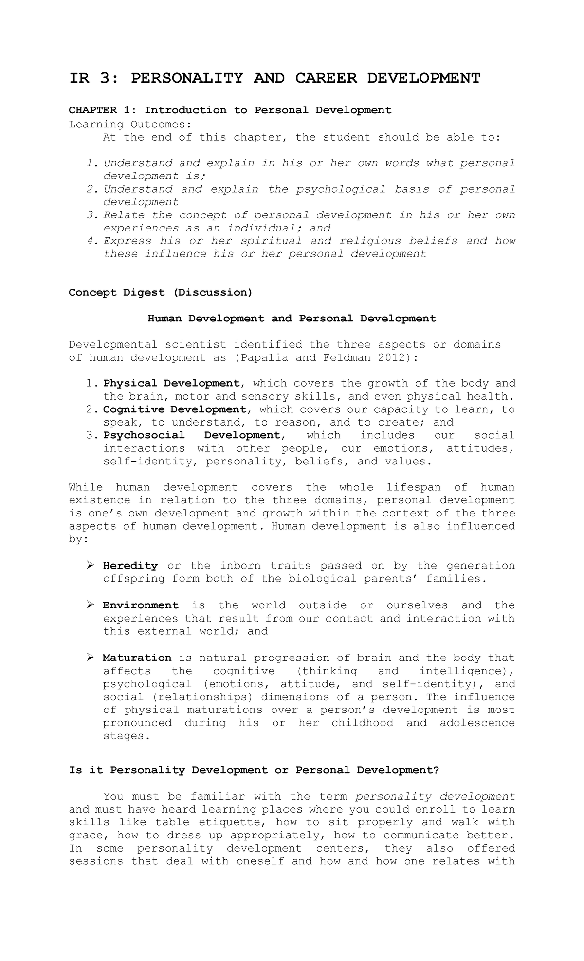Chapter 1 Materials - IR 3: PERSONALITY AND CAREER DEVELOPMENT CHAPTER ...