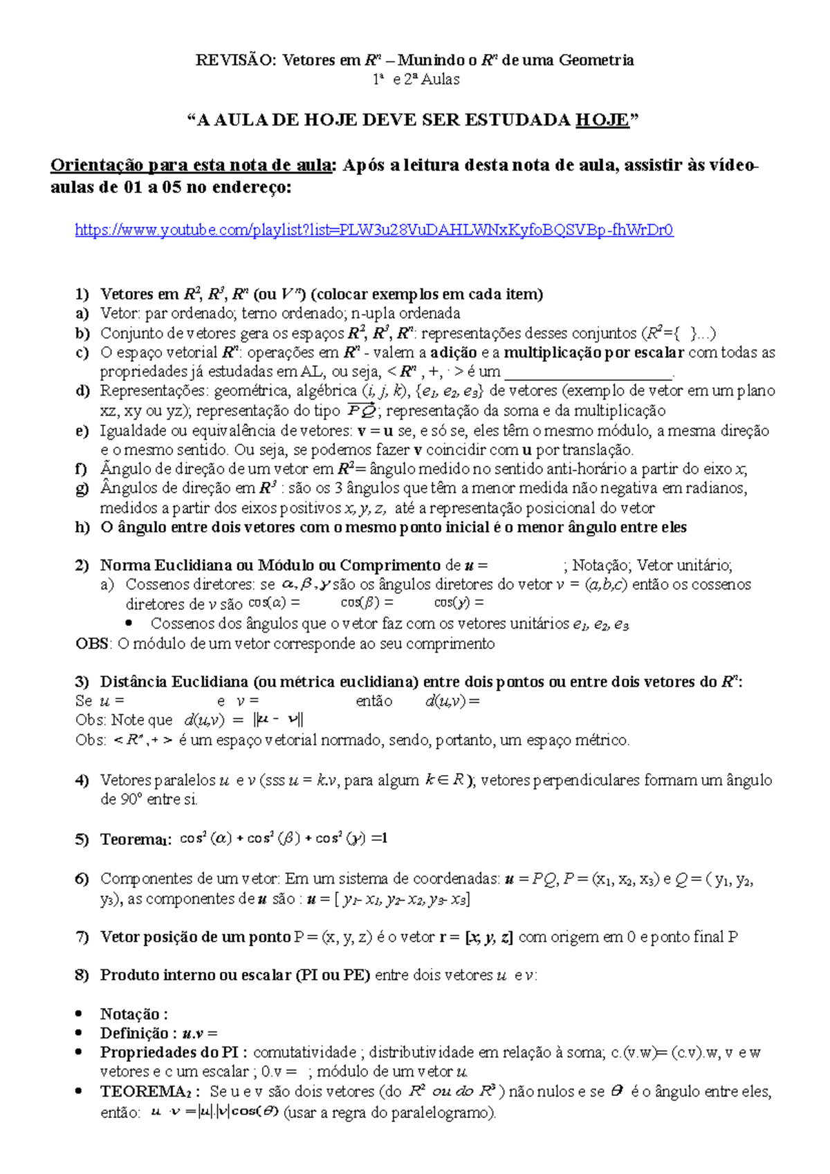 1a aula CV - Vetores e Geom em Rn - REVISÃO: Vetores em Rn – Munindo o ...