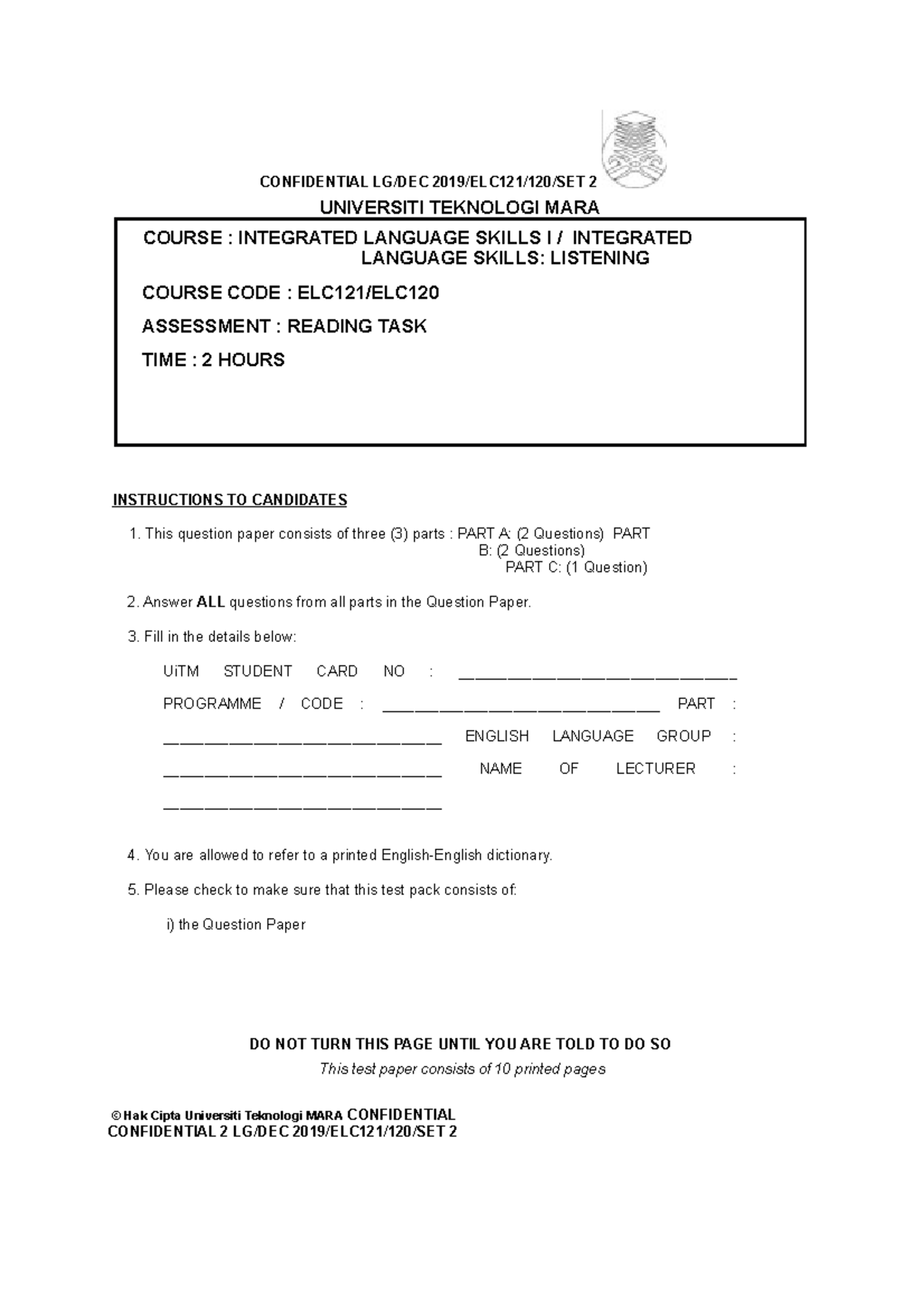 ELC121 - Reading TASK SET 2 DIS 2019-2 - CONFIDENTIAL LG/DEC 2019/ELC121/120/SET 2 UNIVERSITI ...