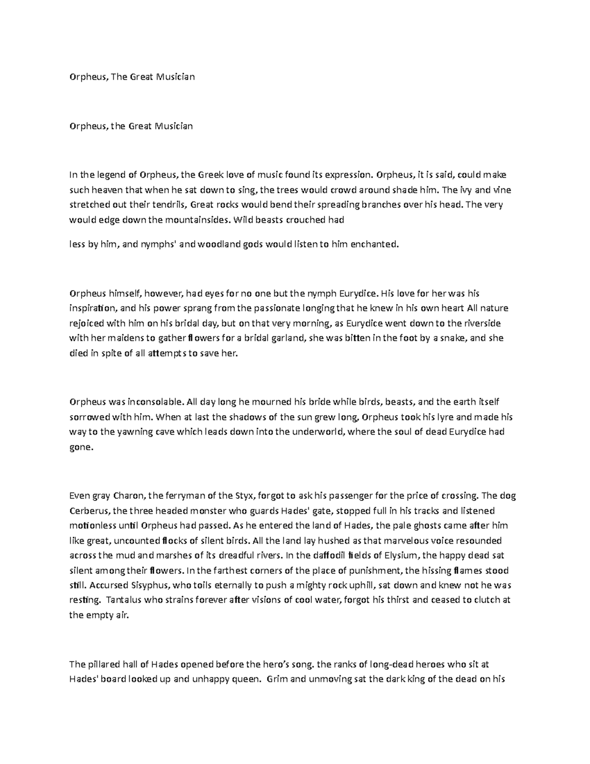 Literature- Orpheus, the Great Musician - Orpheus, The Great Musician ...