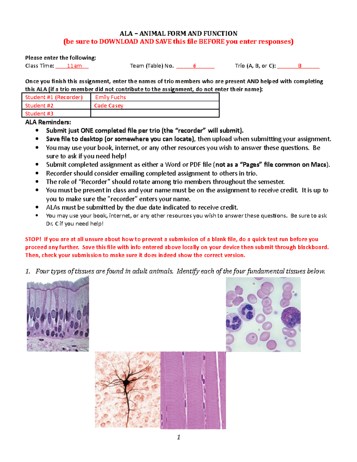 ALA-Animal Form - ALA - ALA – ANIMAL FORM AND FUNCTION (be sure to ...