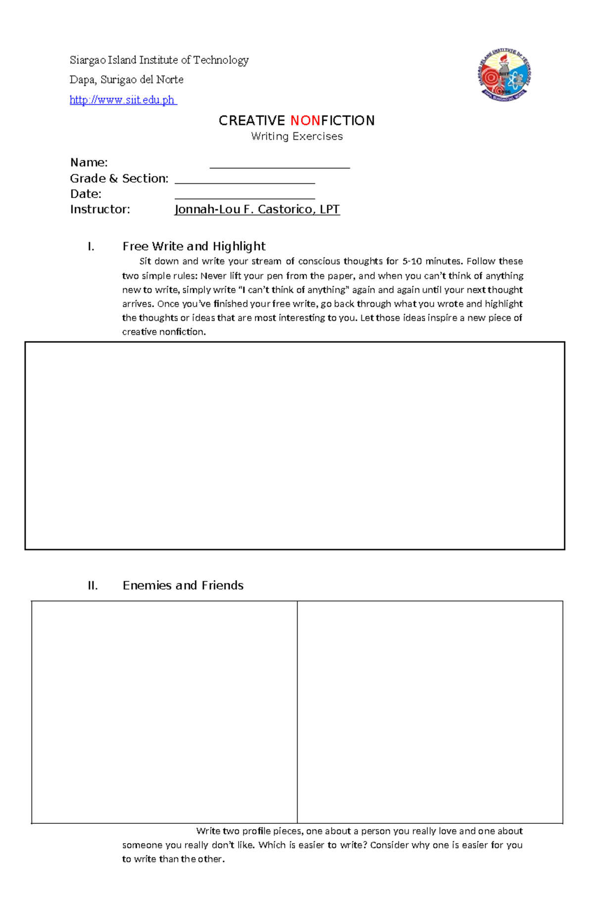 Creative NON-FIC PRE Module Activities - Siargao Island Institute of ...