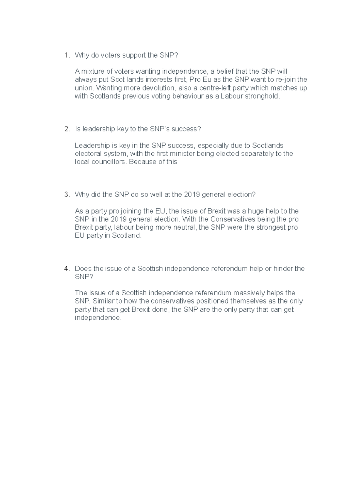 SNP Politics Notes - 1. Why do voters support the SNP? A mixture of ...