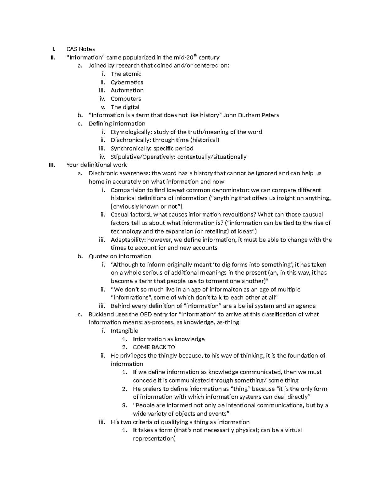 CAS 170N Lecture Notes - I. CAS Notes II. “Information” came ...