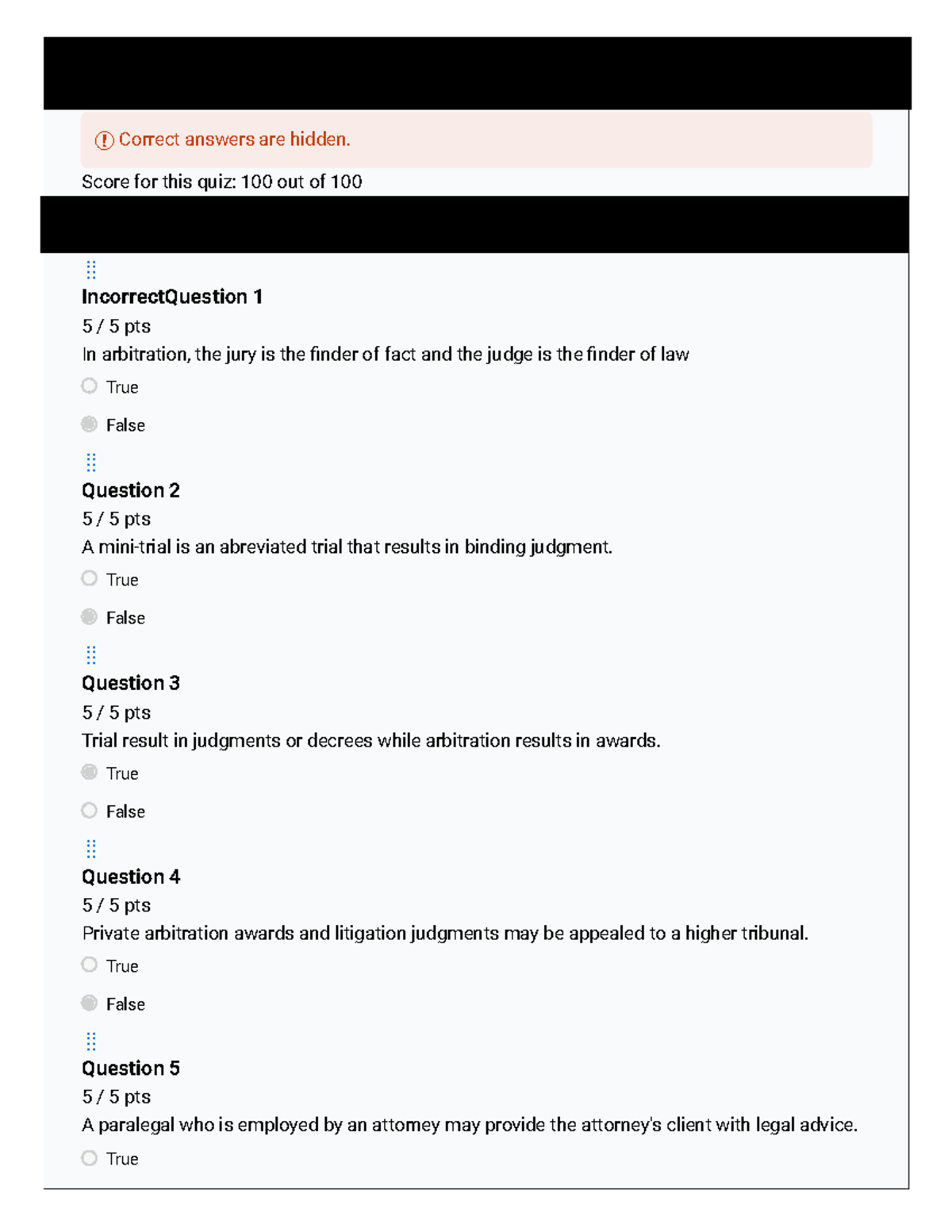 Quiz 1: Methods of Dispute Resolution and the Parties - Correct answers ...