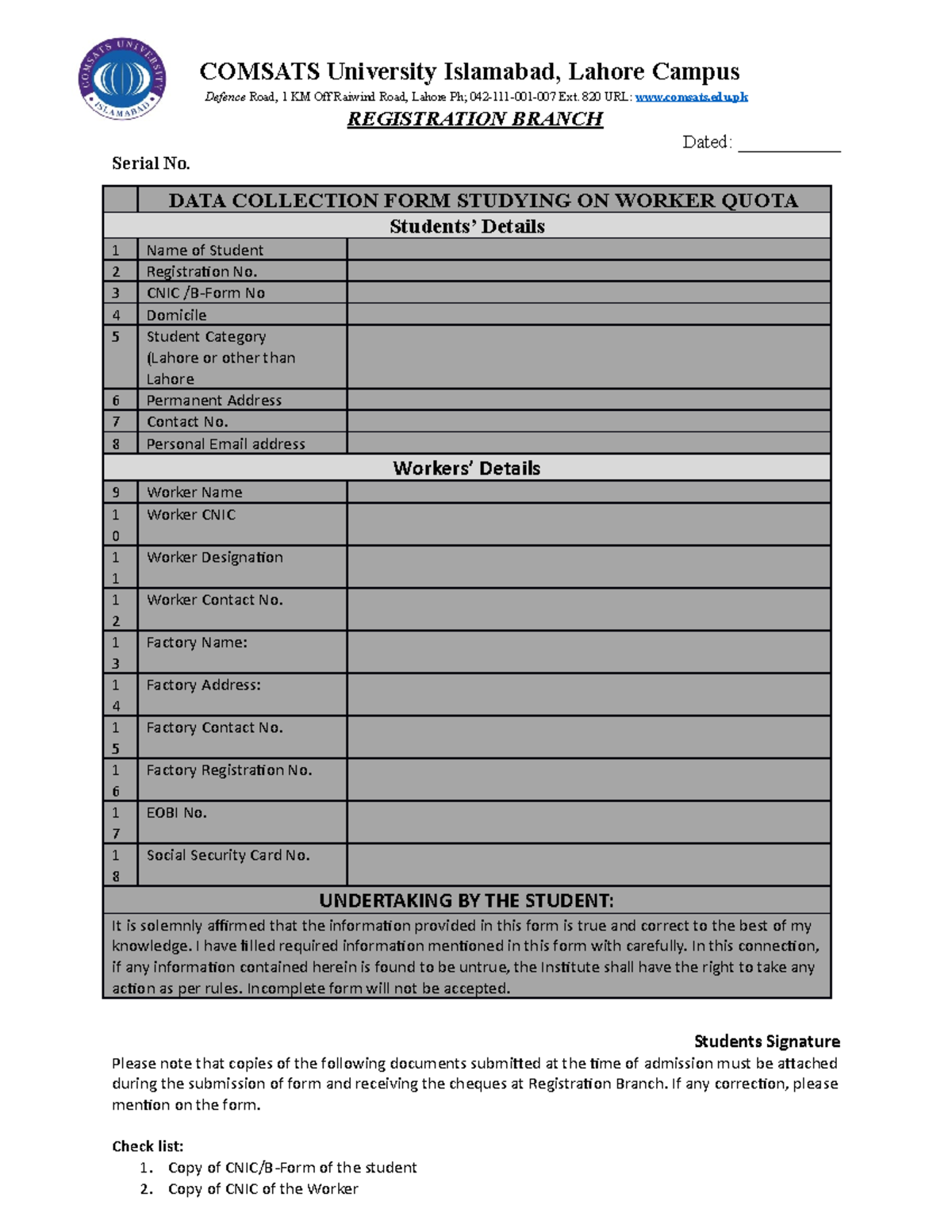 PWWB form123 - Pakistan studies - COMSATS University Islamabad, Lahore ...