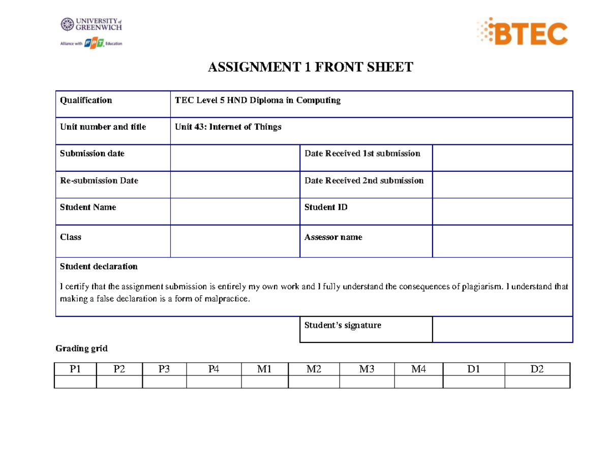[123doc] - asm-1-iot-1690fpt-greenwich-merit - ASSIGNMENT 1 FRONT SHEET Qualification TEC Level ...