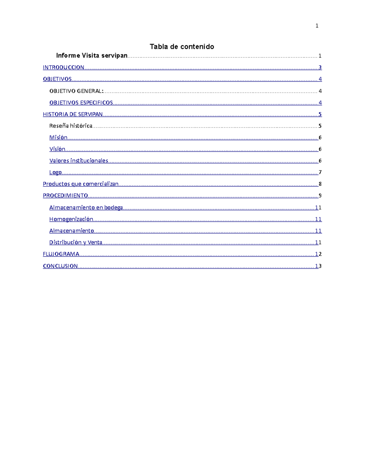 Informe de servipan - no aplica - Tabla de contenido - Informe Visita ...