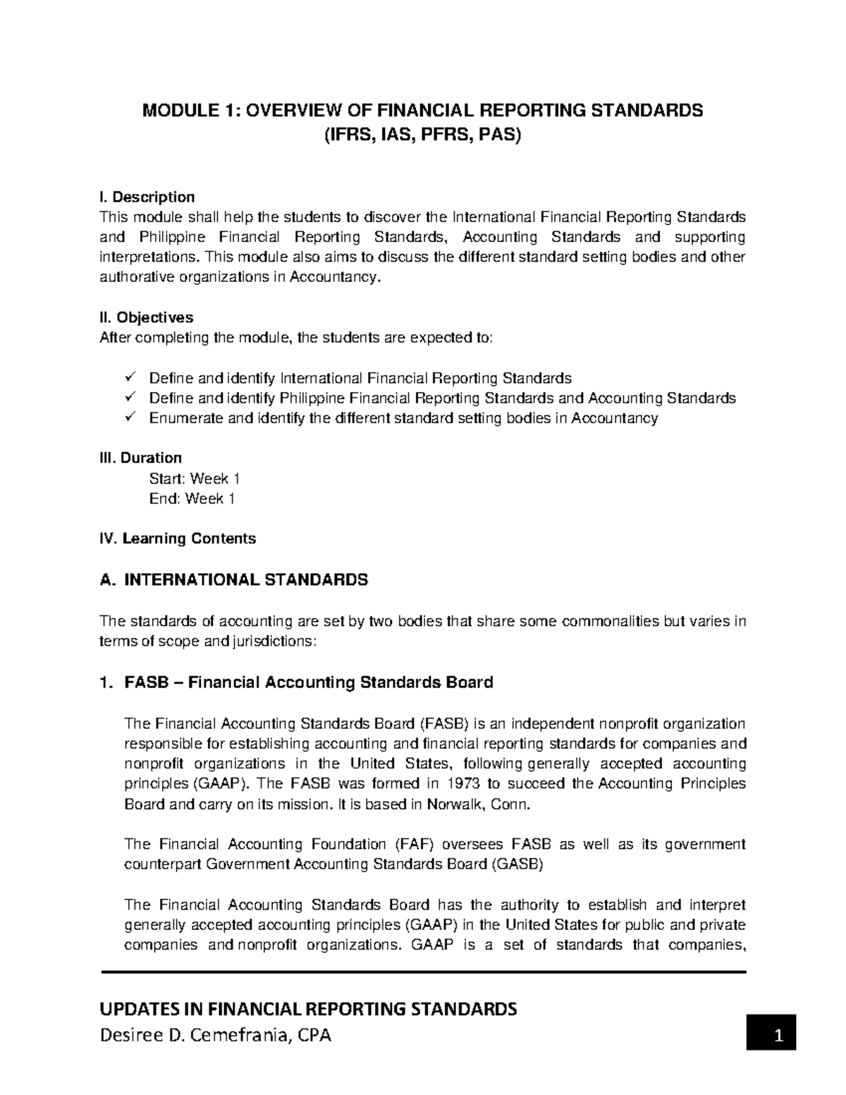Module 1 Overview Of Financial Reporting Standards UPDATES IN