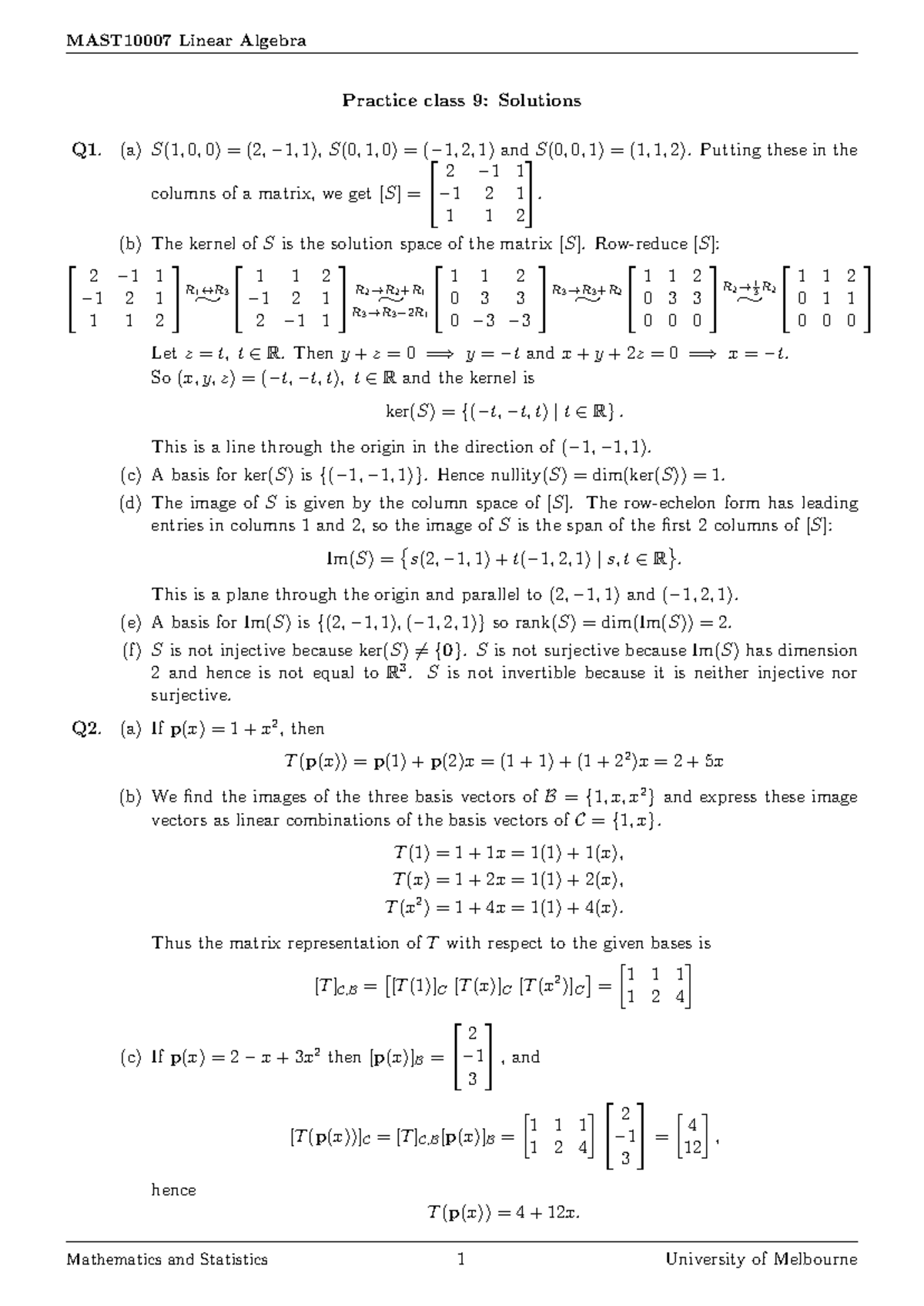 T09solutions - tutorial 9 solutions - MAST10007 Linear Algebra Practice class 9: Solutions Q1 ...