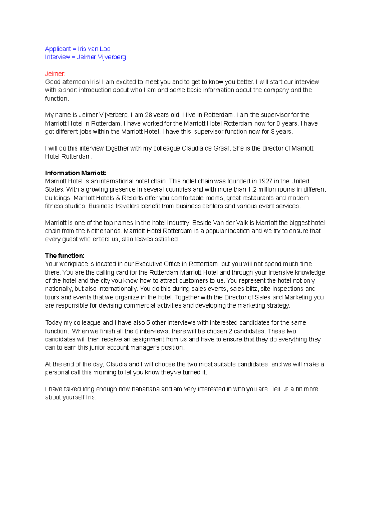 Unit 13 Part 2 interview - Applicant = Iris van Loo Interview = Jelmer ...