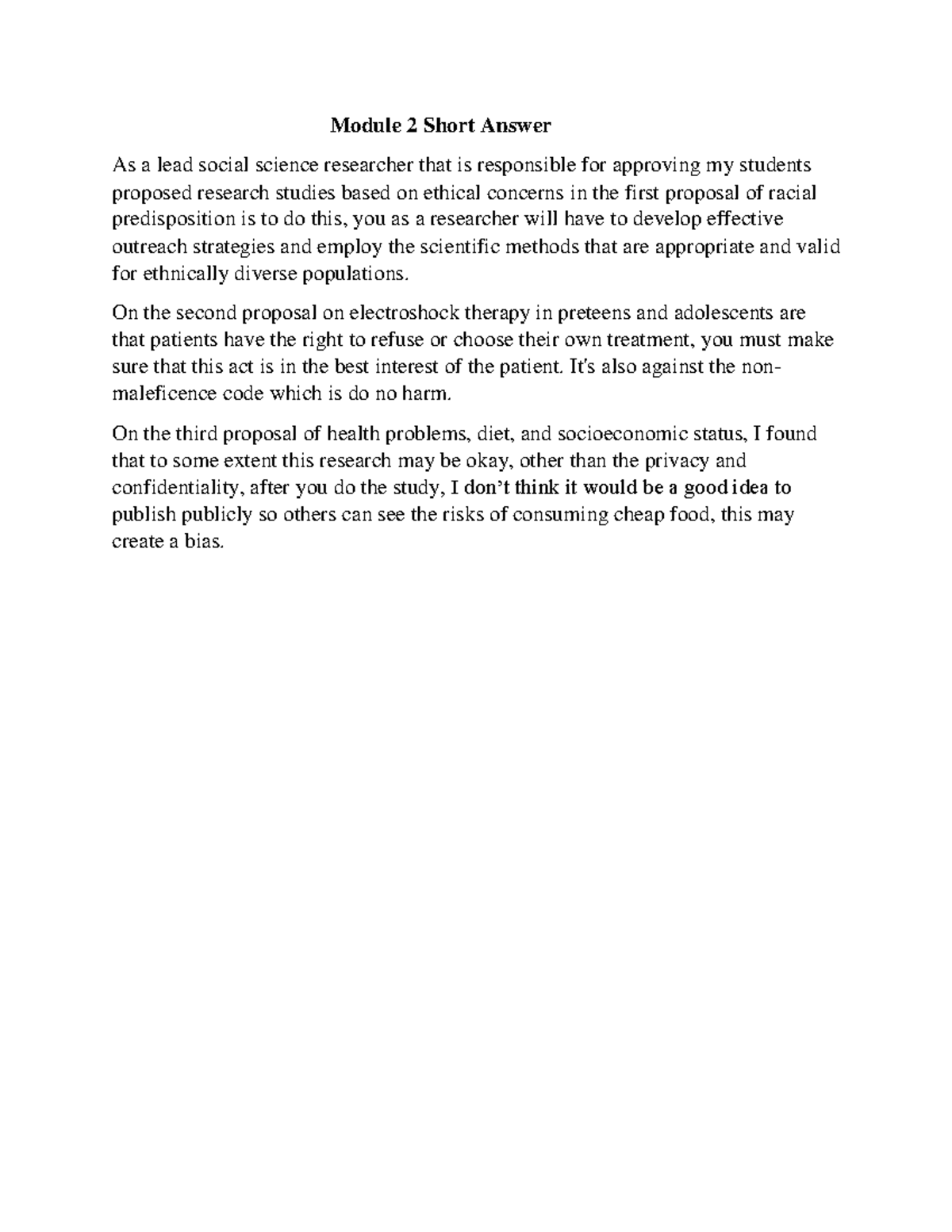 2-2 short answer ethical concerns - Module 2 Short Answer As a lead ...