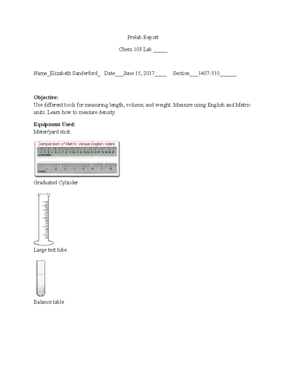Prelab Report 1 - n/a - Prelab Report Chem 103 Lab _____ Name_Elizabeth ...