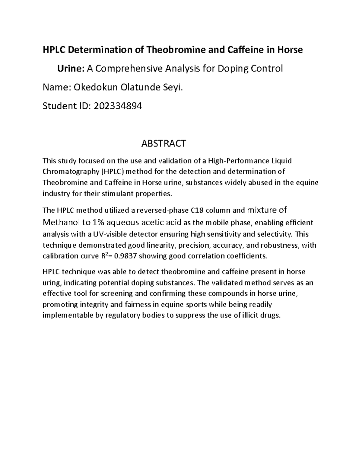 Labwork final - practical write up - HPLC Determination of Theobromine ...