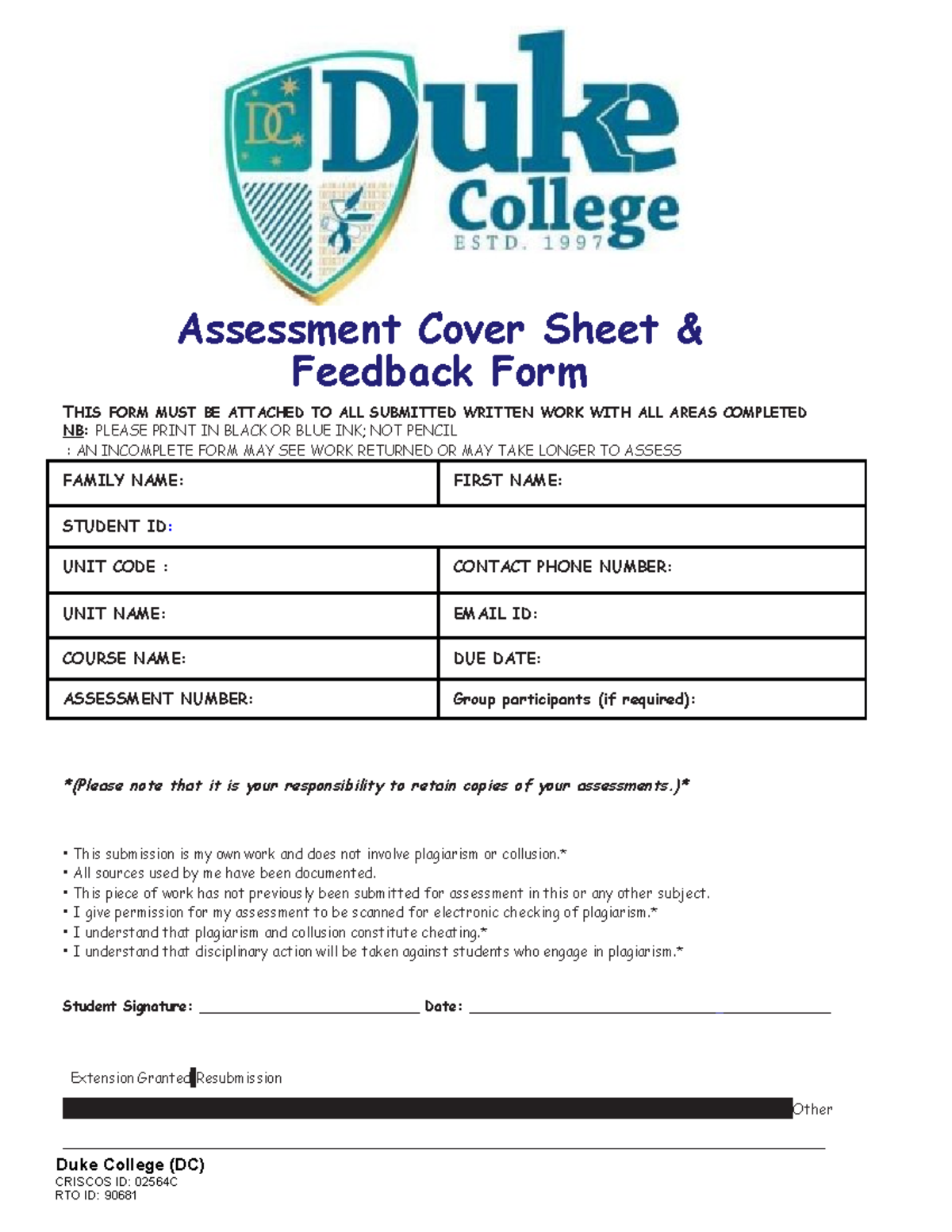 Practical Assignment Format - Assessment Cover Sheet & Feedback Form THIS FORM MUST BE ATTACHED ...