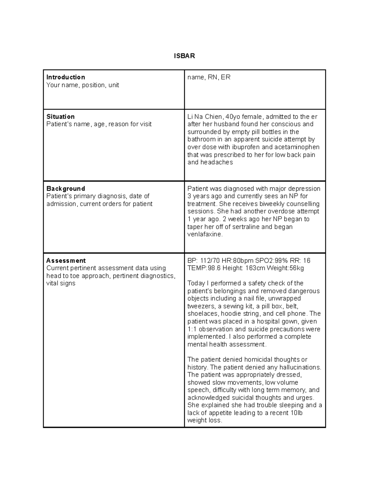Li na chien part 1 isbar - ISBAR Introduction Your name, position, unit name, RN, ER Situation ...