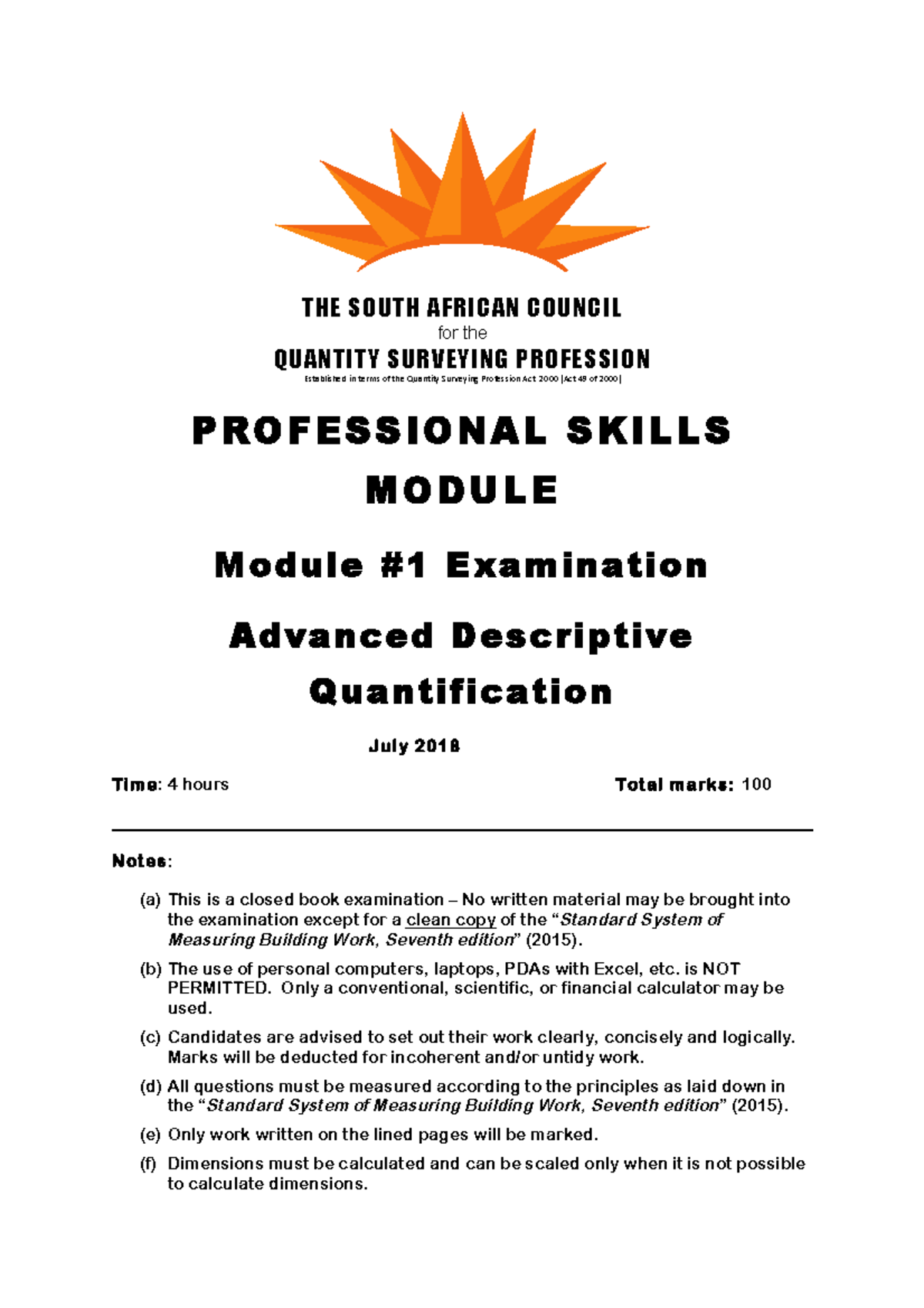 2018 PSM 01 exam question - ठ⃚ THE SOUTH AFRICAN COUNCIL for the ...