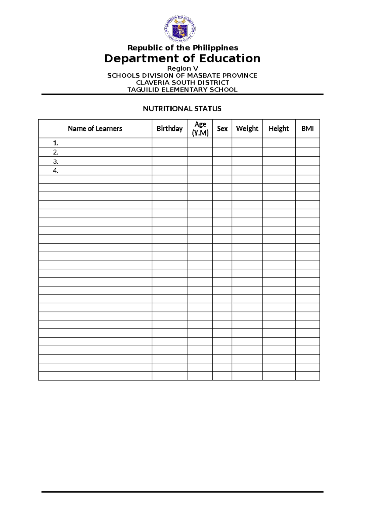 Nutrition Form - form for weighing - Education - Republic of the ...