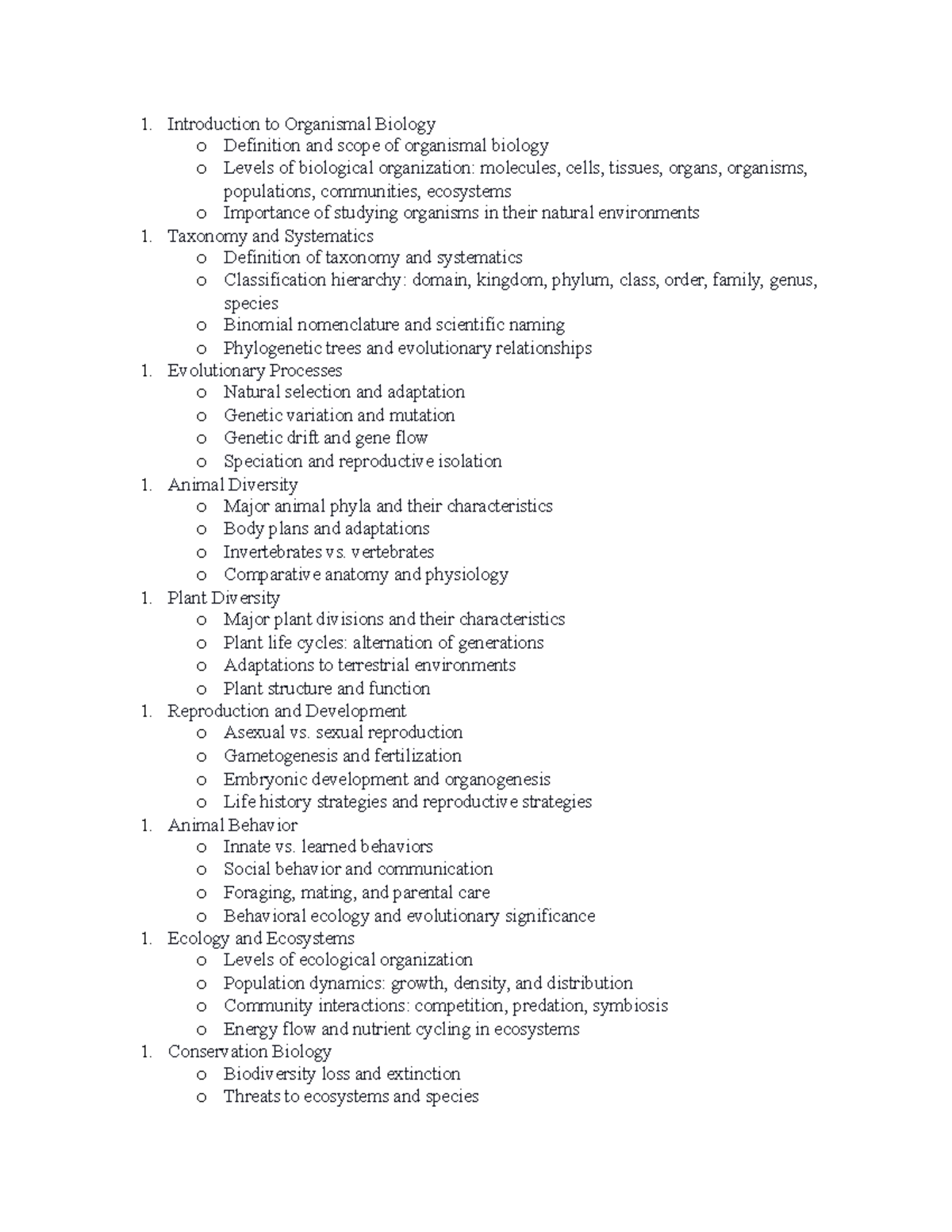 Organismal bio study guide - Introduction to Organismal Biology o ...