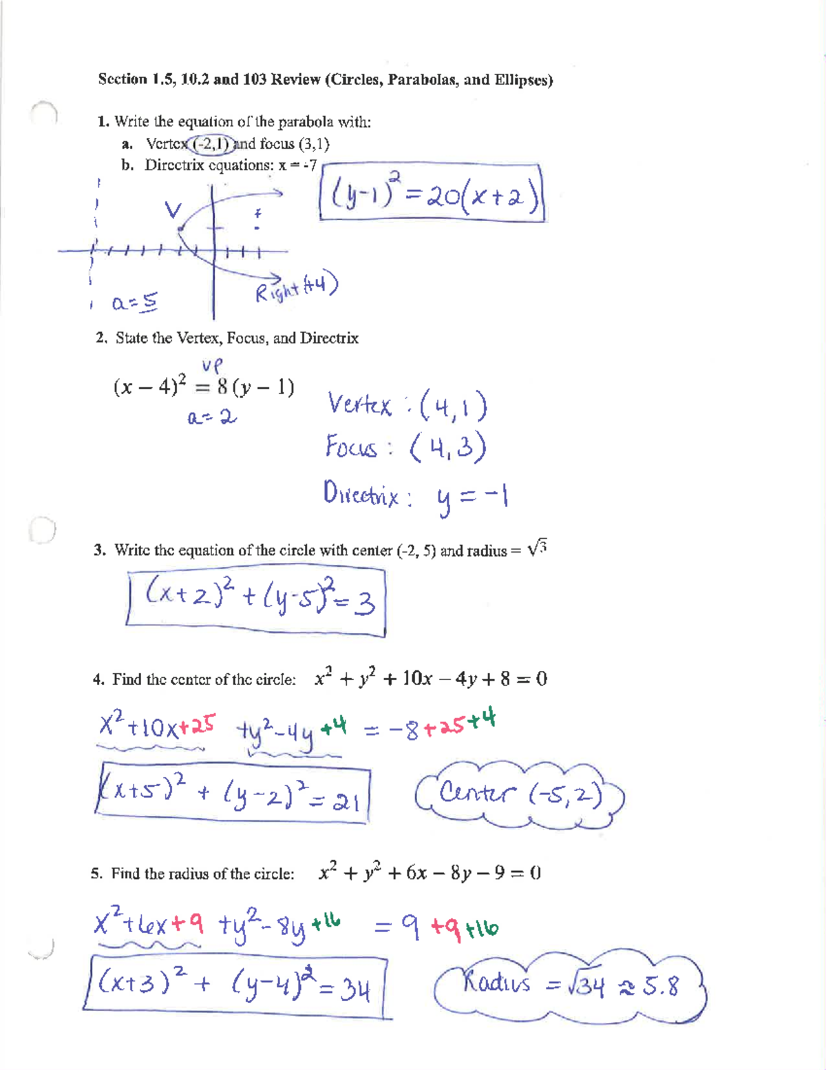 Review - 1.5, 10.2, 10.3 Solutions - Section 1, 10 and 103 Review ...