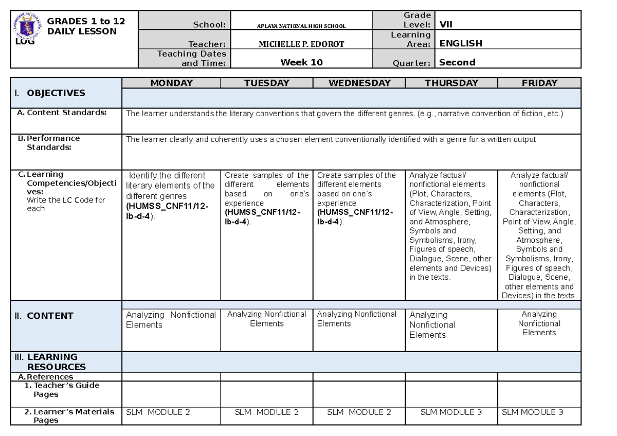 DLL-2nd Quarter wk10 - practice material - GRADES 1 to 12 DAILY LESSON ...
