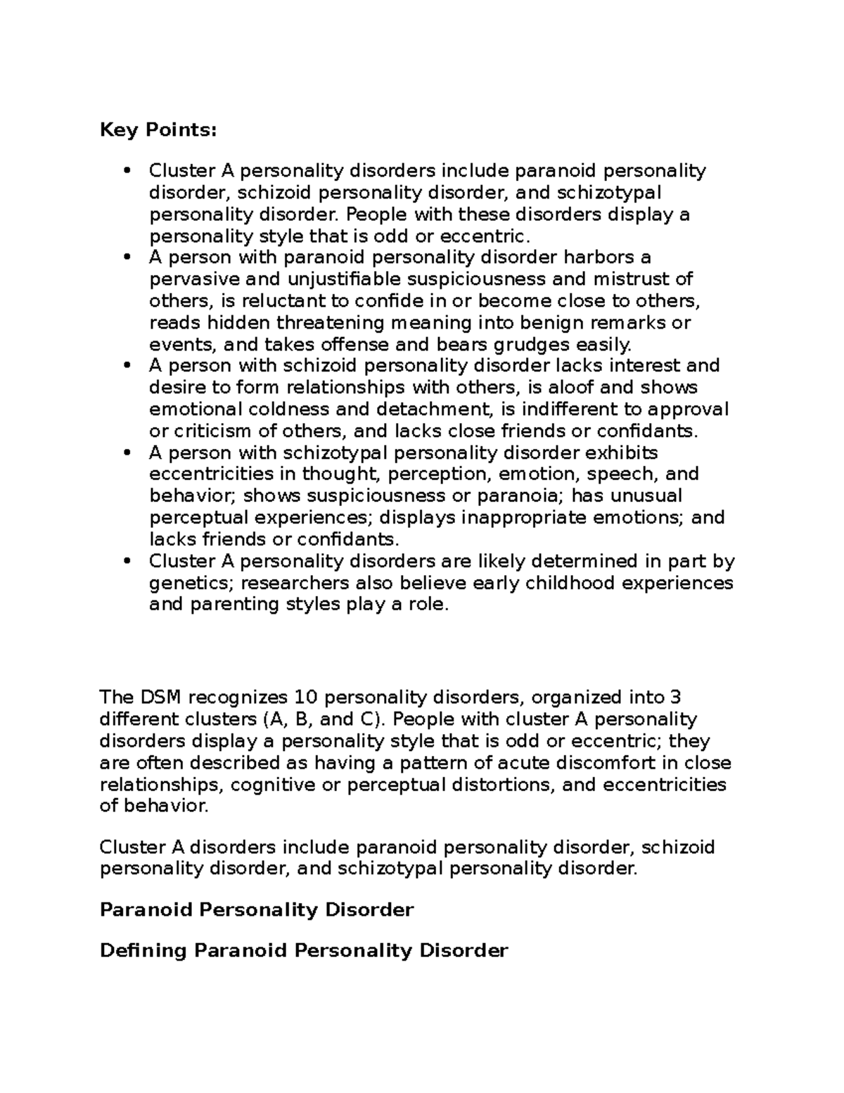Cluster a, paranoid, schizoid and schizotypal personality disorders ...