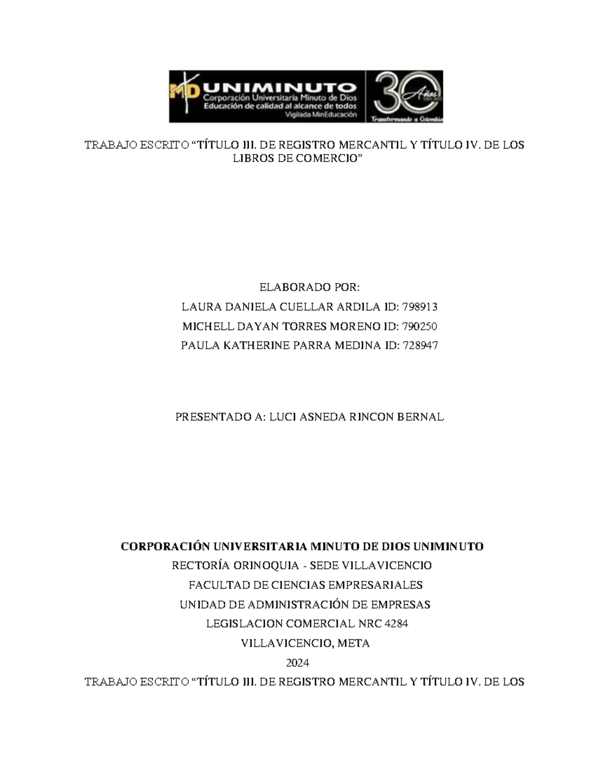 Trabajo Escrito - .MNJJ - TRABAJO ESCRITO “TÍTULO III. DE REGISTRO ...