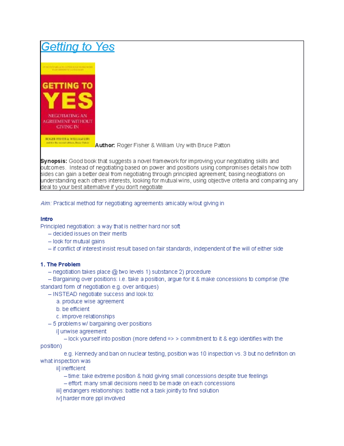 Summary Getting to Yes 1 - Getting to Yes Author: Roger Fisher ...