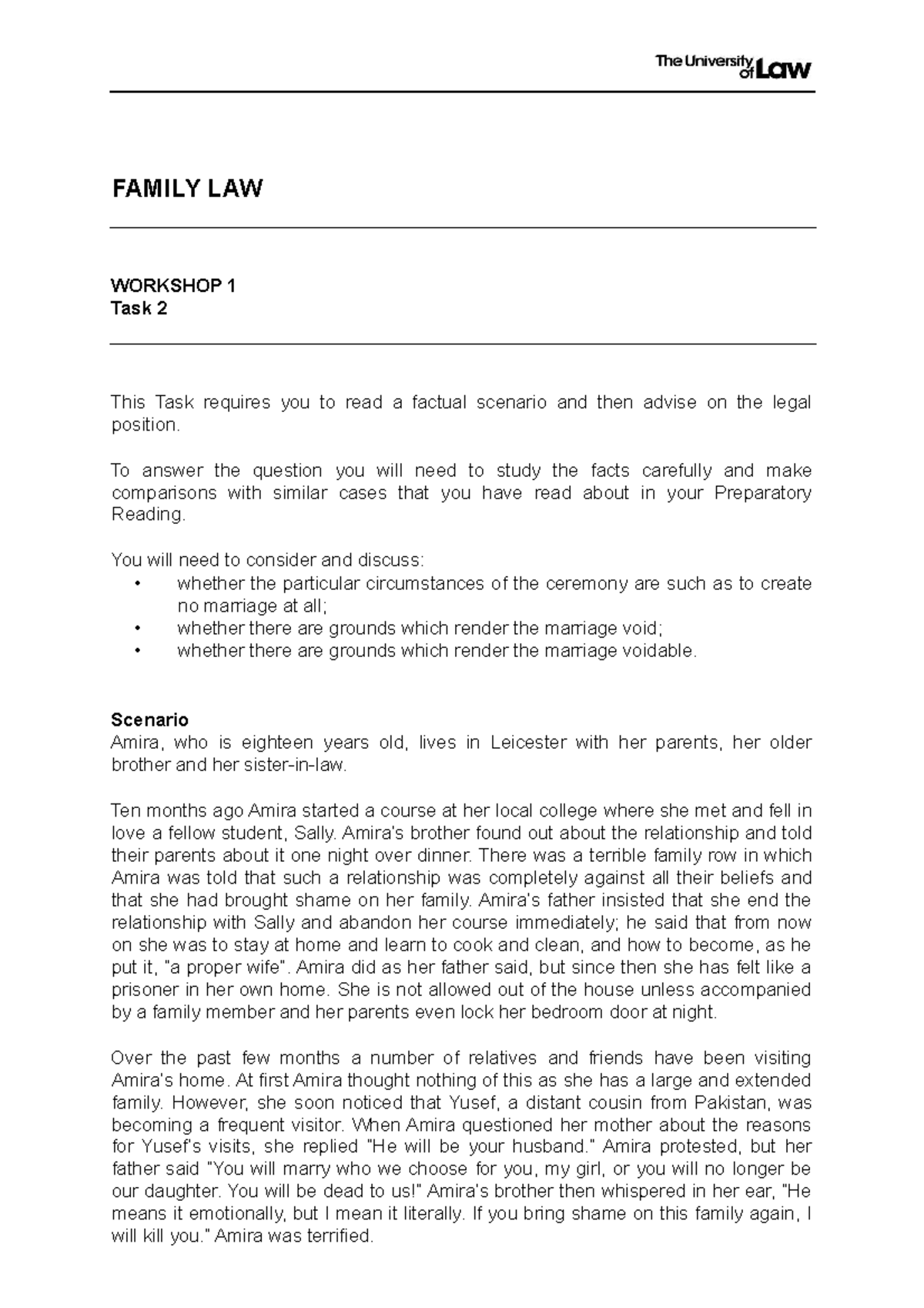 WS 1 - Unseen Task 2 - FAMILY LAW WORKSHOP 1 Task 2 This Task requires ...