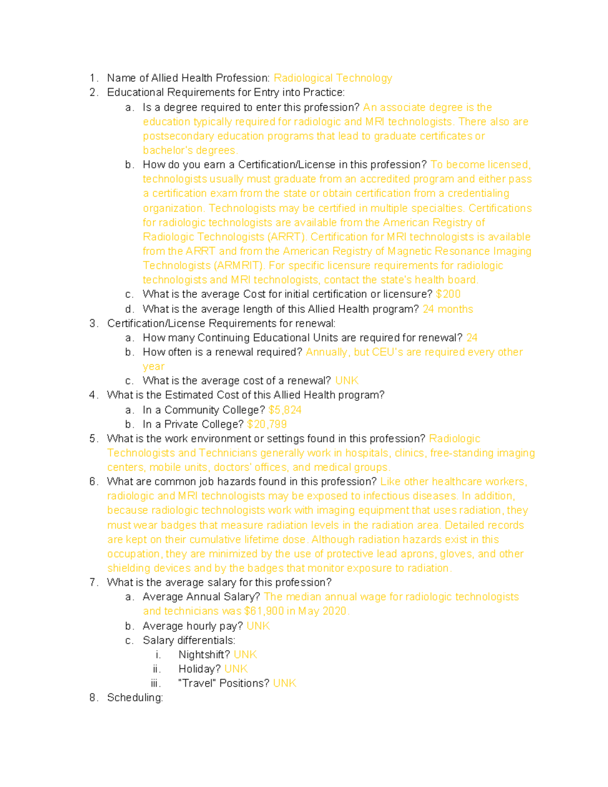 Allied Health Profession Packet Radiological Technology - Name of ...