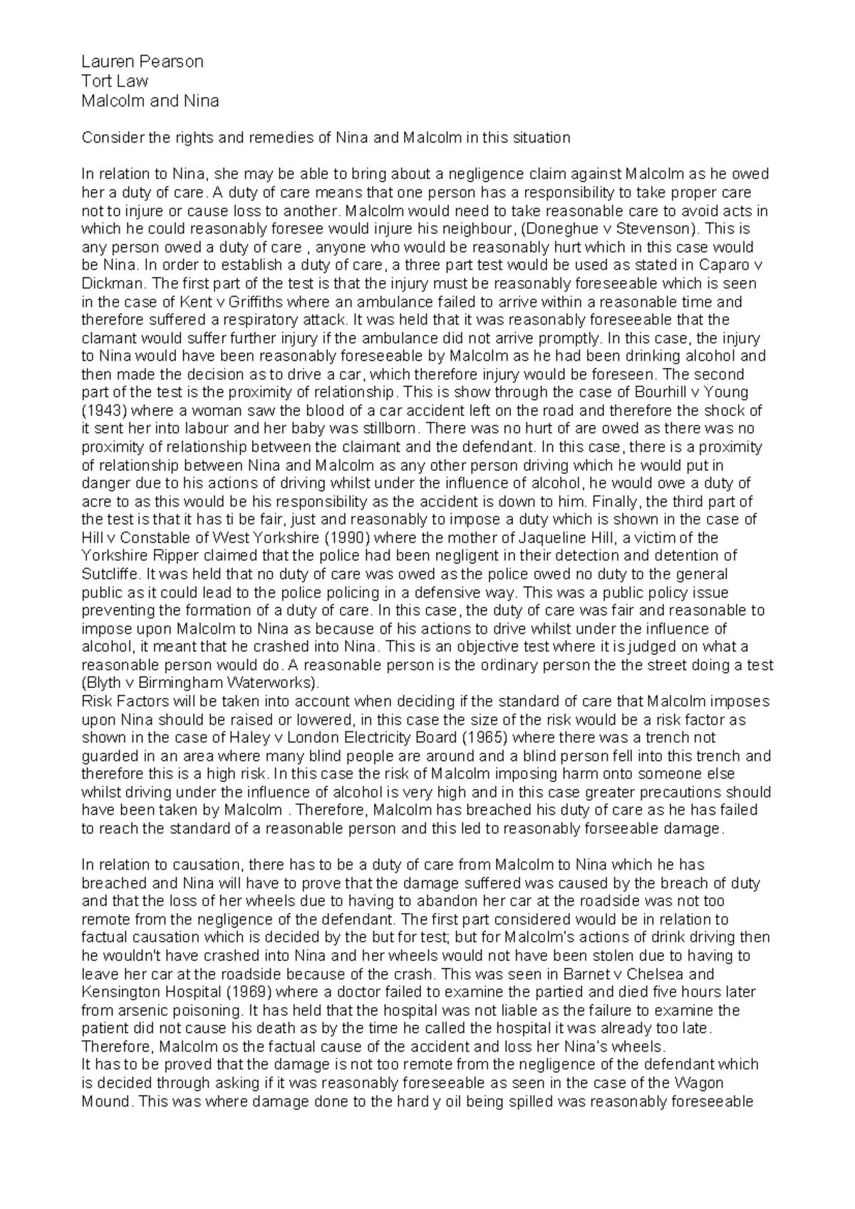 Mlacolm and Nina Tort word - Lauren Pearson Tort Law Malcolm and Nina ...