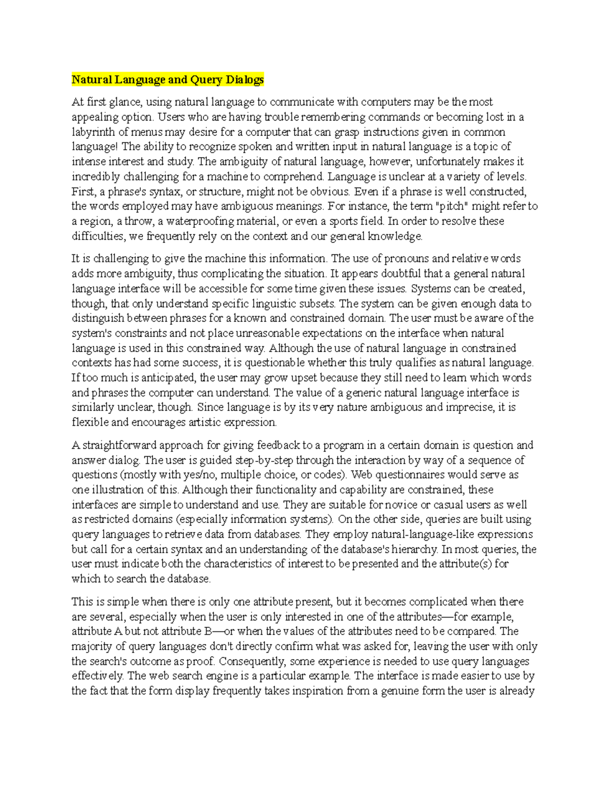Natural Language and Query Dialogs - Users who are having trouble ...