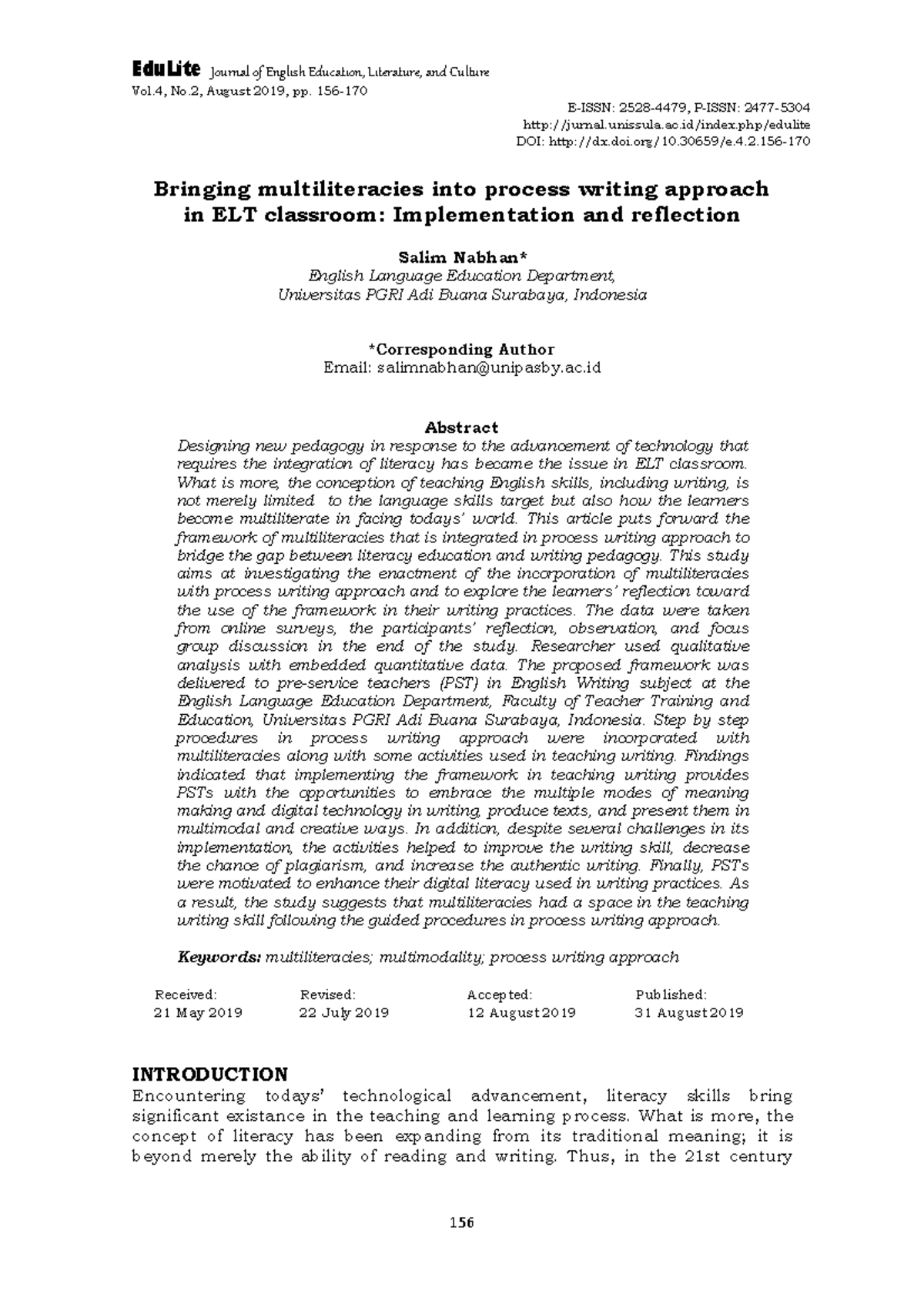 Bringing multiliteracies into process writing approach in ELT classroom ...