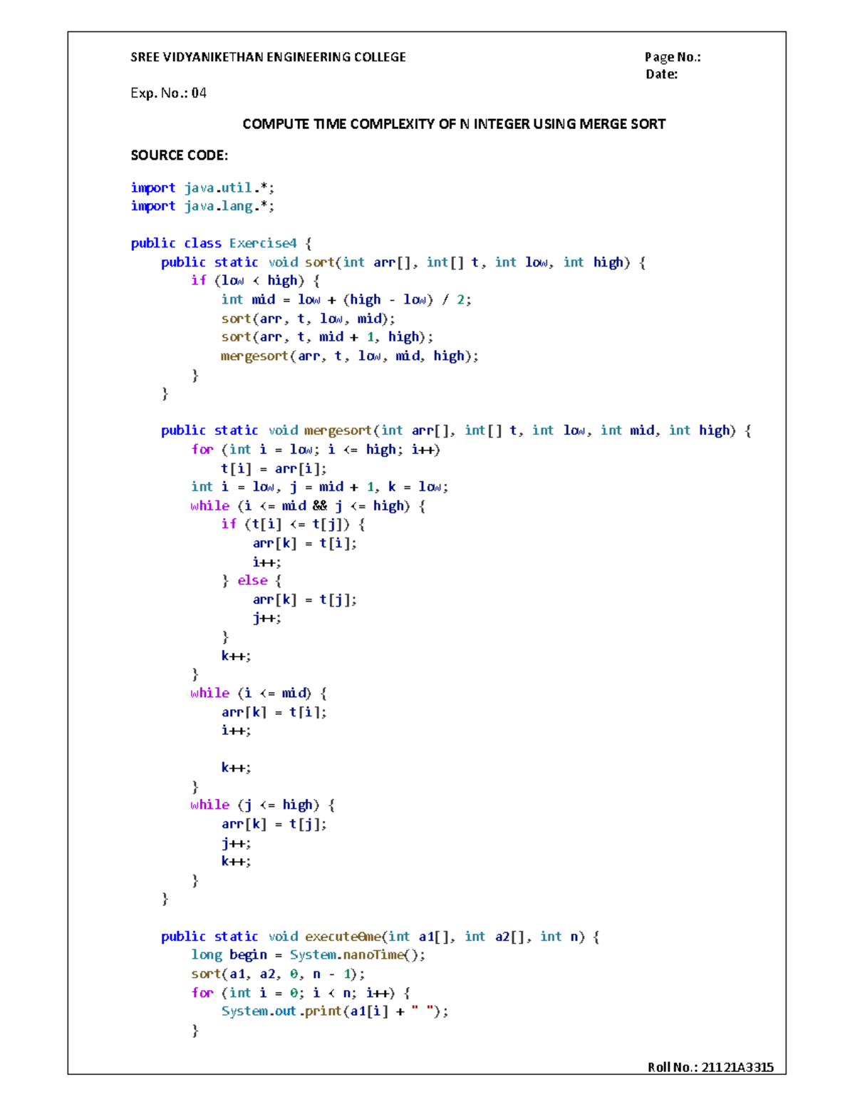Ap Lab Exp 4 6 Java Exp Date Exp No 04 Compute Time Complexity