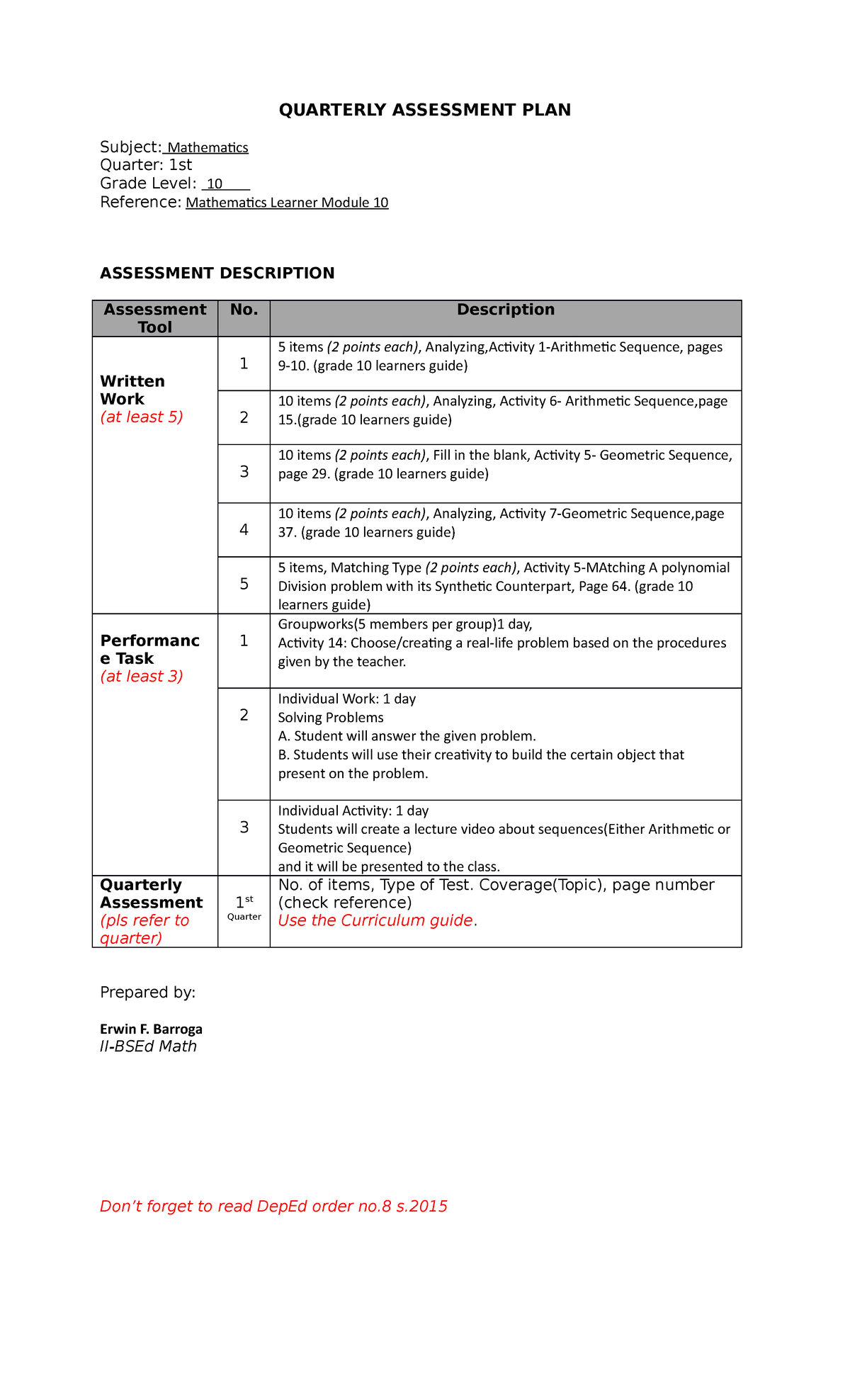 Quarterly Assessment PLAN - QUARTERLY ASSESSMENT PLAN Subject ...