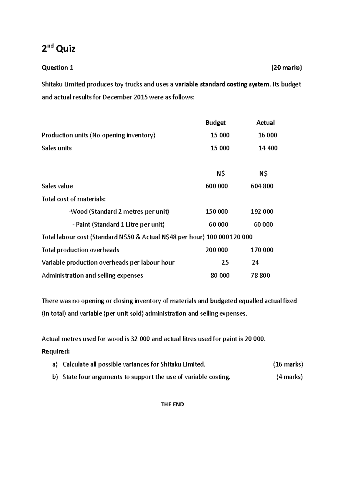 2nd Quiz - Tutorial - 2 nd Quiz Question 1 (20 marks) Shitaku Limited produces toy trucks and ...