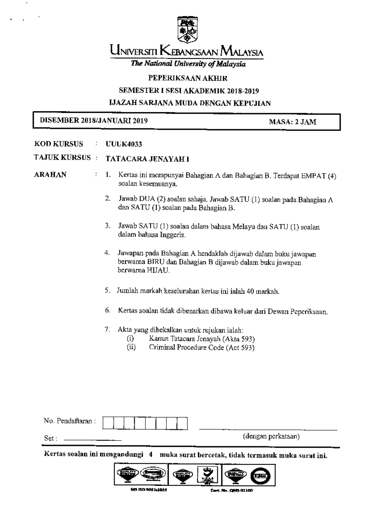 Criminal Procedure Code Exam Paper 2018 2019 Criminal Procedure I
