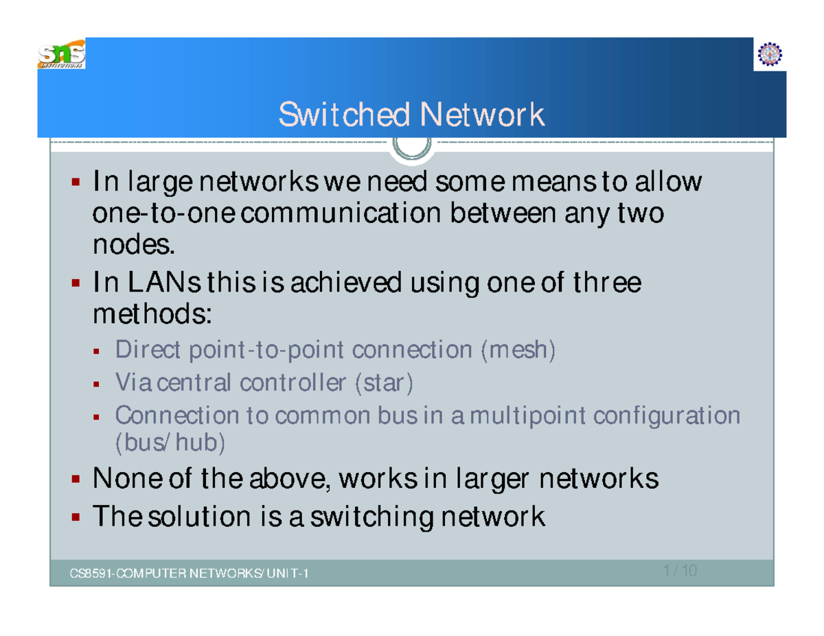 UNIT 1 Switched Network - Switched Network CS8591-COMPUTER NETWORKS/ UNI T- I n large networks ...