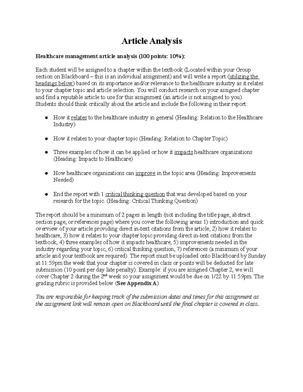 Healthcare Management Article Analysis Assignment - Article Analysis ...