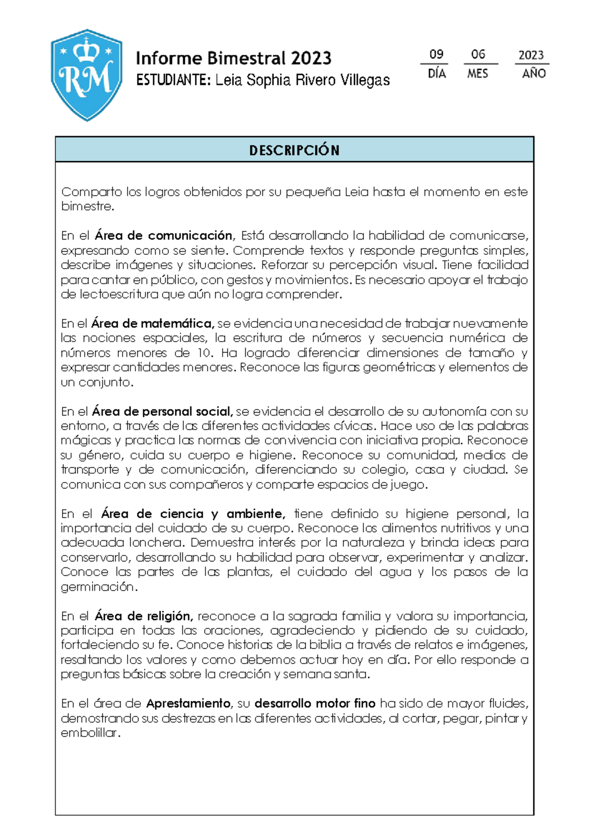 Informe Descriptivo POR Areas - ESTUDIANTE: Leia Sophia Rivero Villegas ...