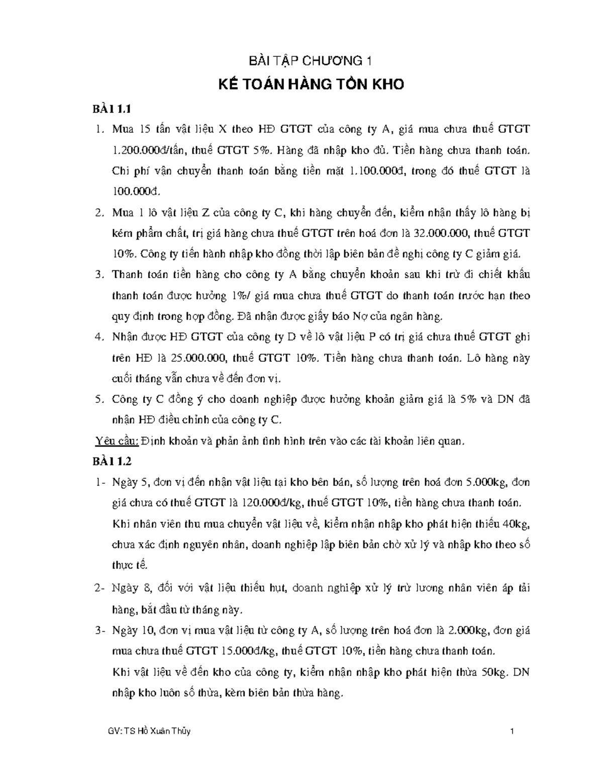 Chuong 1- bai tap ke toan tai chinh 1 - BAI TAP KT NVL-01-2021 - BÀI T P CH NG 1 K TOÁN HÀNG T ...