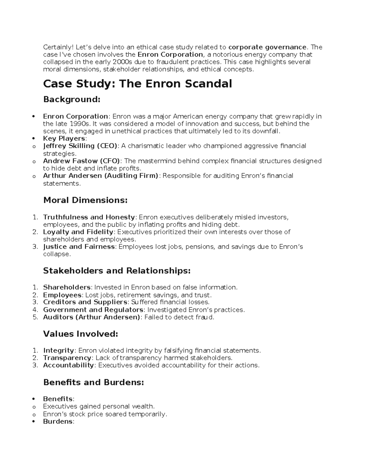 Enron scandal - assignment - Certainly! Let’s delve into an ethical ...