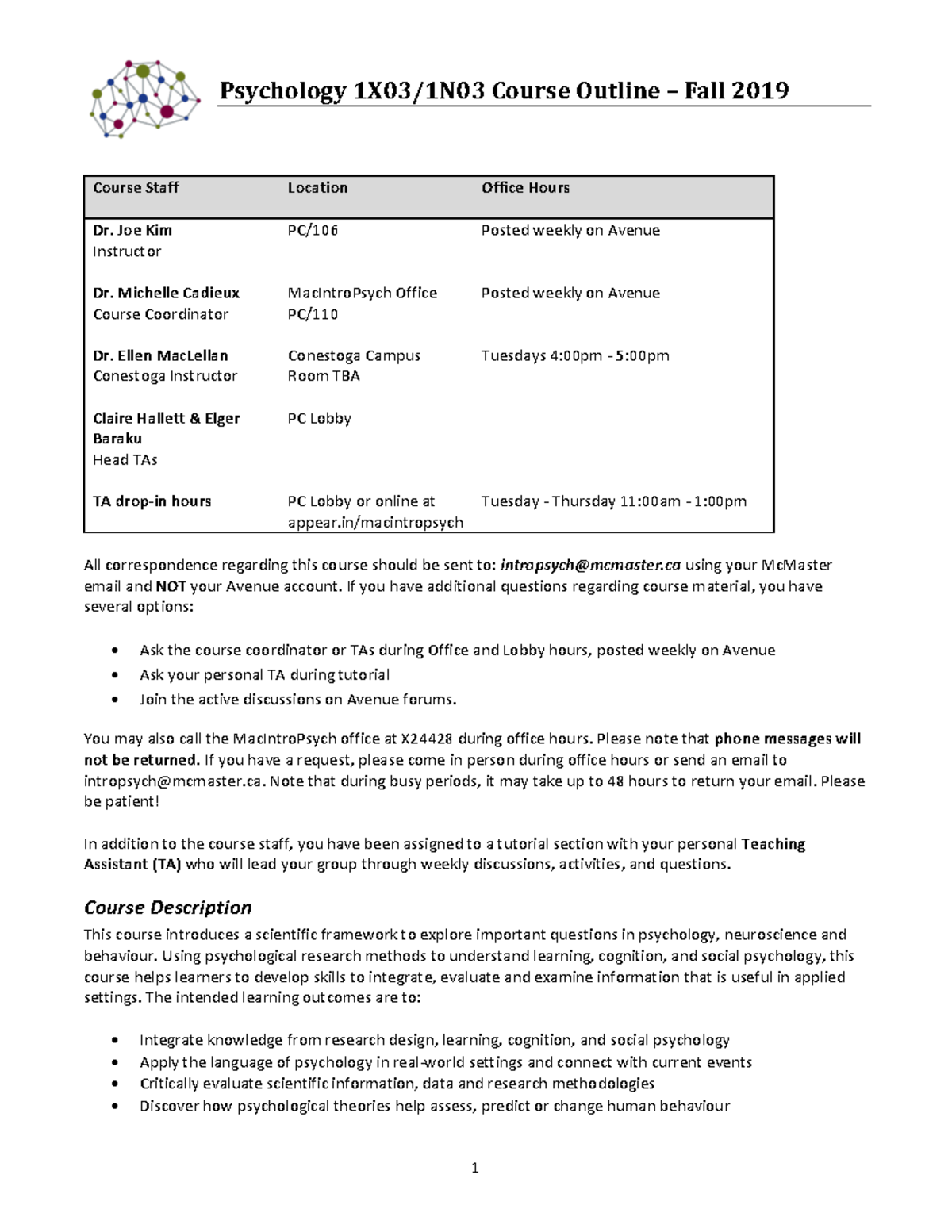 Syllabus 1X03 Fall 2019 - Warning: TT: undefined function: 32 Psychology 1X03/1N03 Course ...