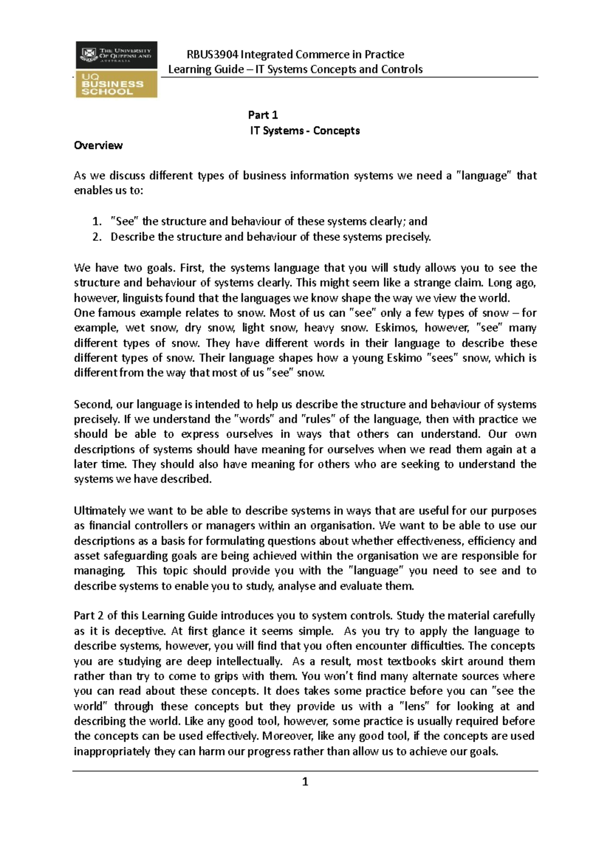 Class 3 - IT Systems, Concepts and Controls - RBUS3904 Integrated ...