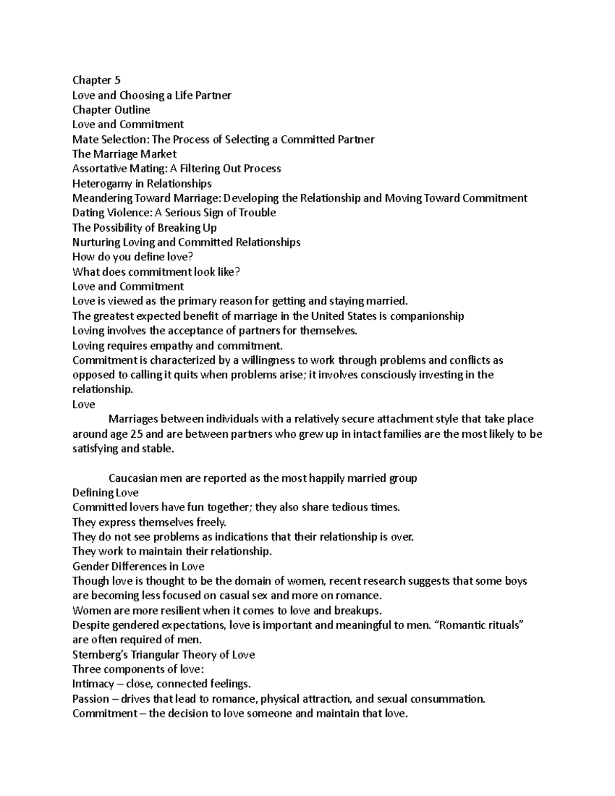FMST 110 Week 4 - Notes - Chapter 5 Love and Choosing a Life Partner ...