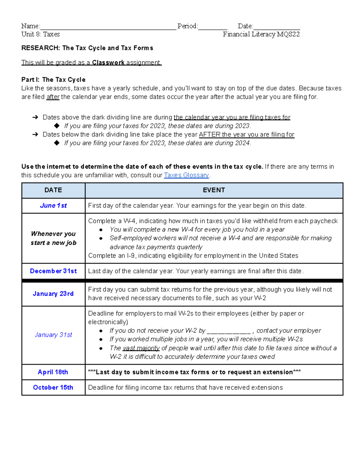 Erika Damian - 8.03 Tax Cycle and Forms - Worksheet - Name