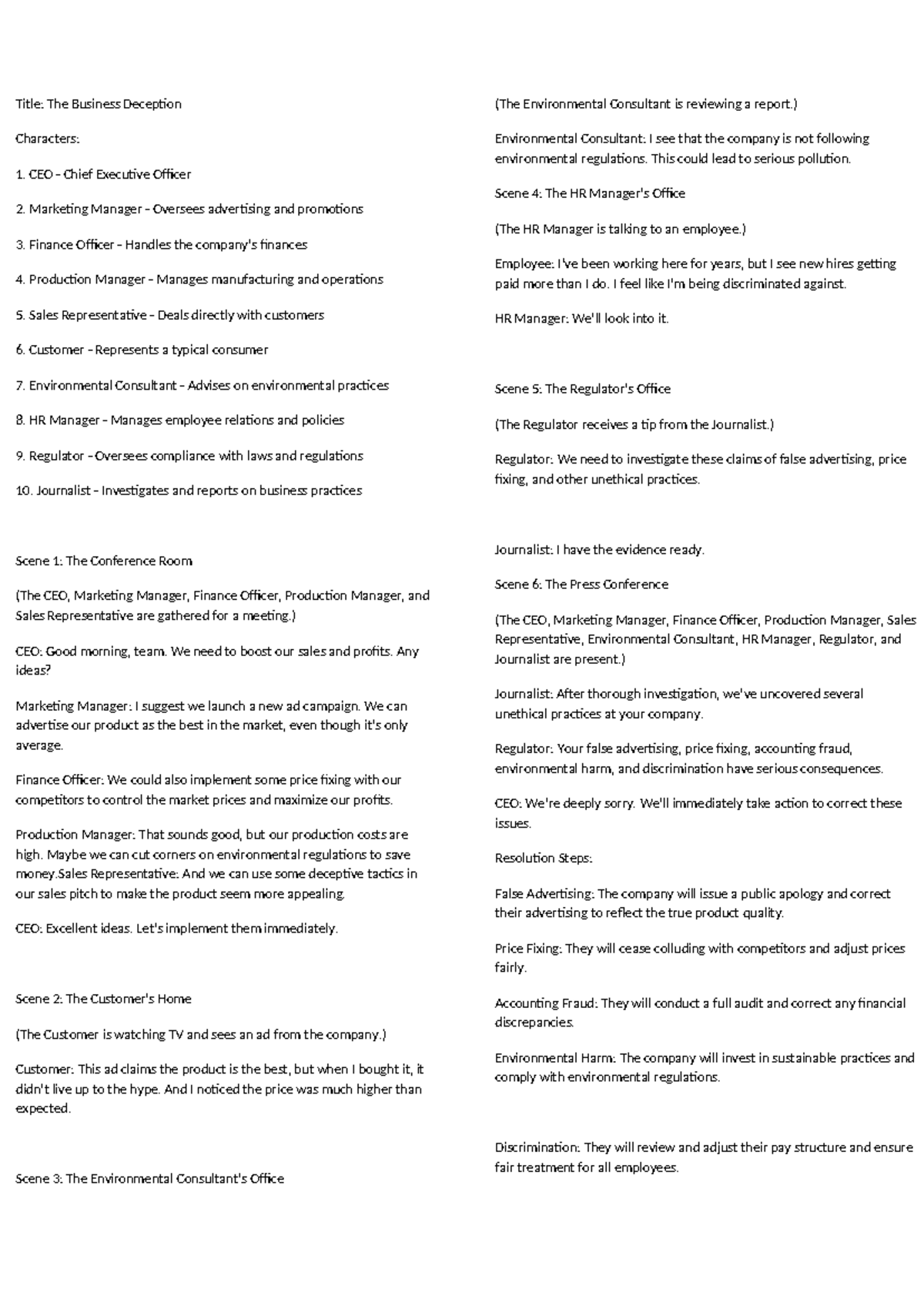 Ethics - Chap1-3 - Title: The Business Deception Characters: 1. CEO ...